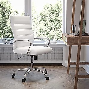 EMMA + OLIVER High Back White LeatherSoft Executive Swivel Office Chair with Chrome Frame/Arms