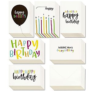 Happy Birthday Greeting Cards (48-Pack) - 6 Handwritten Modern Style, Colourful Designs - Blank on the Inside, Envelopes Included - 10 x 15 Centimetres