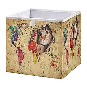 ALAZA Cat Kitten World Map 11 Inch Cube Storage Bin Organizer Foldable Basket for Closet Cabinet Shelf Office