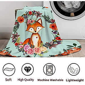 Fox Blanket Flower Fox Print Throw Blanket Super Soft Flannel Blankets Gifts for Kids Adults 60"x50"