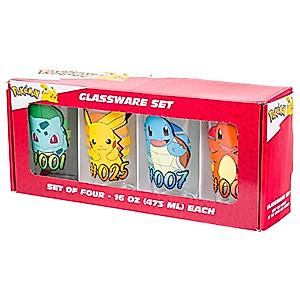 Silver Buffalo Pokemon Original Starters Charmander, Squirtle, Bulbasaur, and Pikachu 4pc. Pint Glass Set, 16 Ounces