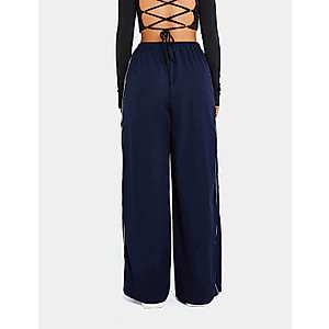 Women's Parachute Pants Cargo Trousers Elastic Waist Wide Leg Track Pants Y2k Clothing (S,Navy Blue)