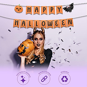 HOUSE OF PARTY Happy Halloween Banner - Happy Halloween Sign - Happy Birthday Halloween Banner - Indoor Halloween Party Decoration with Bat and Pumpkin - Perfect for Mantle, Halloween Party Decor!