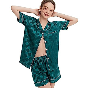 SWOMOG Women's Silk Satin Pajamas Set Short Sleeve Sleepwear Button Down Loungewear Checker Top and Shorts 2 Pcs Pjs