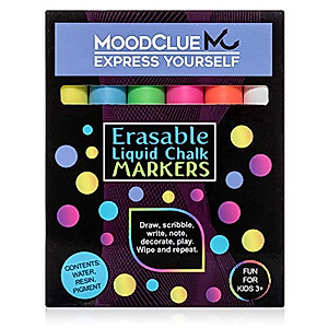 MoodClue liquid chalk markers for glass, mirrors, windows, car windshields, auto, white boards, glass boards, chalkboards. 6 neon. Reversible - thick, thin tip. Washable, erasable. Wet or dry erase.
