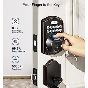 Veise Fingerprint Door Lock Set, Keyless Entry Door Lock, Front Door Handle Sets, Electronic Keypad Deadbolt with Lever Handle, 2 Keys, Auto Lock, Code Door Lock, Easy Installation, Oil Rubbed Bronze