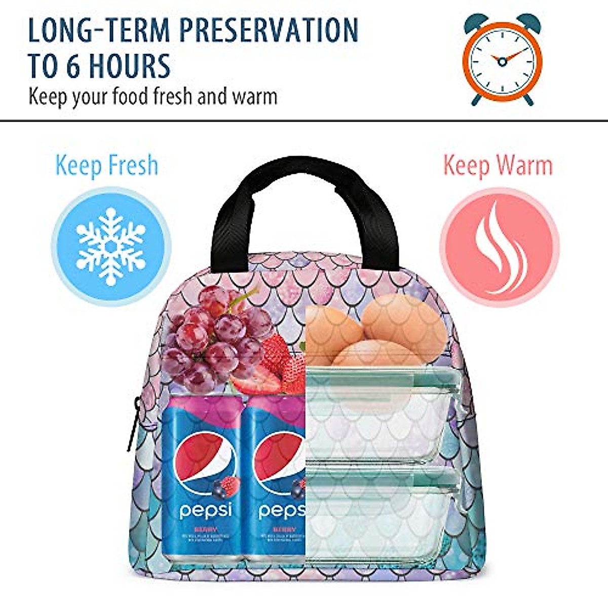 Lunch Bag, Cute Kids Reusable Cooler Lunch Tote Bag Insulated Leakproof Lunch Box Container with Front Pocket for Girls Boys School Work Picnic (Pink Meraid Scale)