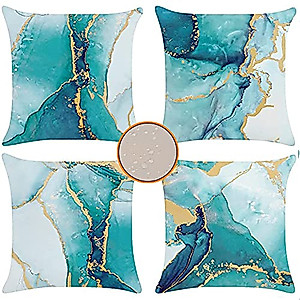 Teal Gold Marble Throw Pillow Covers Decorative Modern Abstract Art Pillow Covers Waterproof Square Cushion Covers 18X18 Inch Set of 4 for Outdoor Patio Furniture Bench Couch Sofa Indoor Home Decor