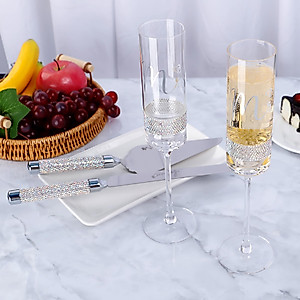 VARLKA Wedding Cake Knife and Server Set, 8oz Crystal Mr and Mrs Champagne Flutes, Wedding Glasses for Bride and Groom, Cake Cutting Set for Wedding, Engagement Gifts