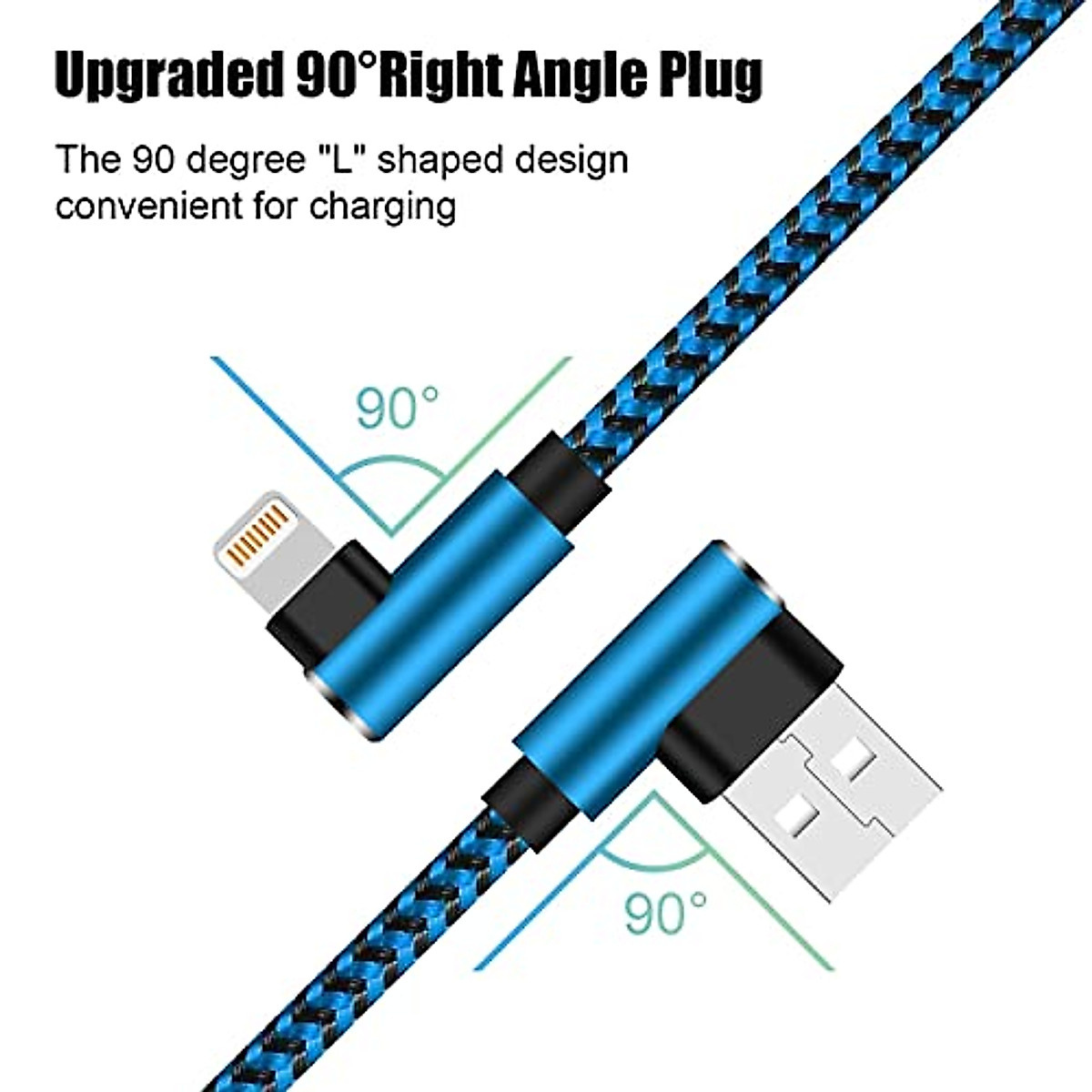 finekeep iPhone Charger Cable 10FT 3 Pack 90 Degree Lightning Cable MFi Certified Nylon Braided Right Angled Lightning Charging Cable for iPhone 12/11/11 Pro/XS Max/XR/X/8/7/6 (Blue Black)