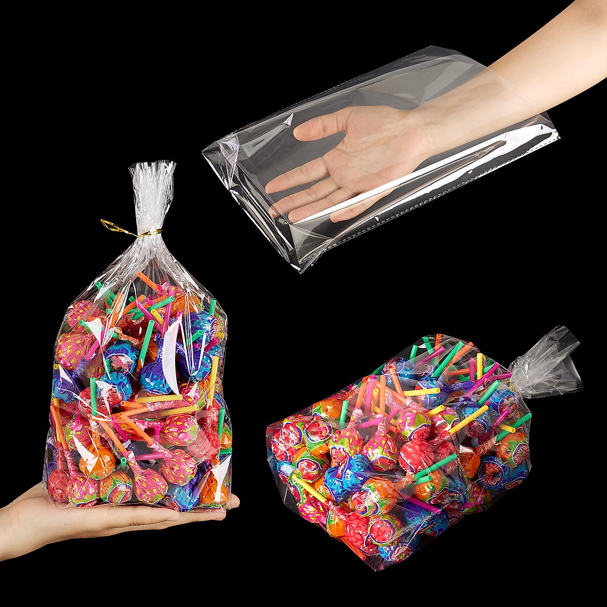 PVWSG GAULUPUE 100Pcs 8"x 11" Bottom Gusset Bags, Clear Cello Cellophane Plastic Treat Goodie Bags with Twist Ties for Gift Wrapping, Decorations, and Food Storage