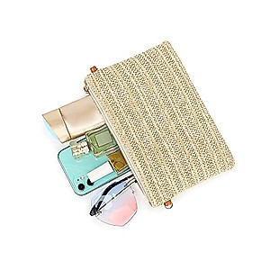 Straw Clutch Purse for Women, Summer Beach Straw Purse Cute Zipper Wristlet Wallets, Small Straw Handbag for Vacation (Light Brown)