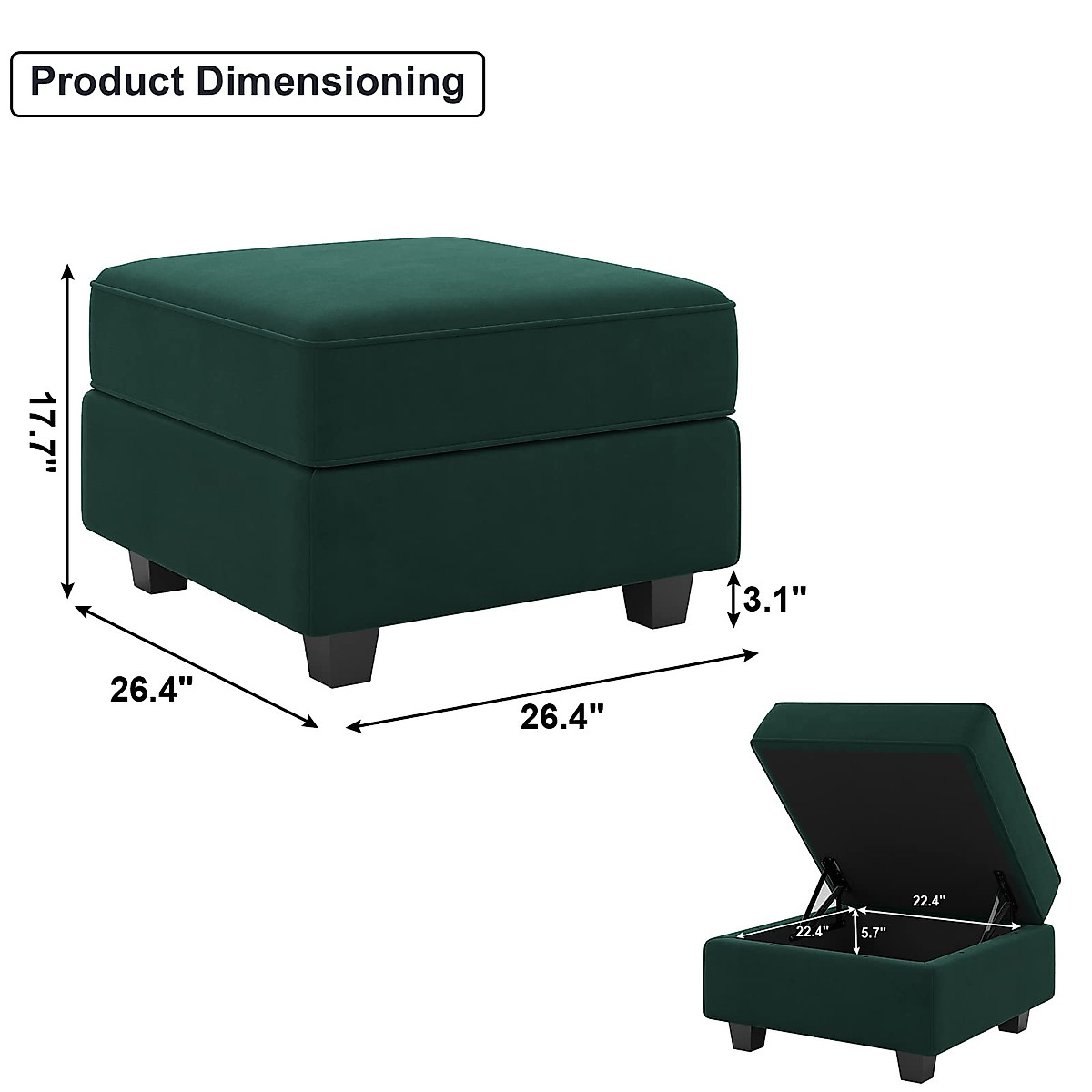 Belffin Storage Ottoman Module for Modular Sectional Sofa Square Seat Cube Velvet Foot Stool Green