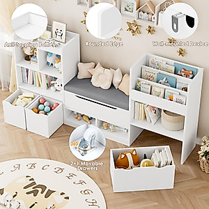 FOTOSOK 72” Kids Bookshelf with Reading Nook, Super Large Toy Storage Organizer with Seat Cushion and 3 Movable Drawers, Kids Reading Nook Toy Organizers and Storage with Bench for Living Room