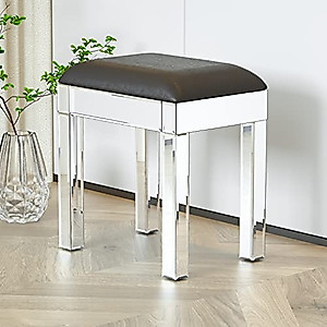 AUWHALEUS Mirrored Vanity Table Set, Crystal Diamond Decor Glass Makeup Table with PU Leather Cushion Stool & Tri-Fold Mirror for Bedroom (Vanity Table 3 Piece Set)