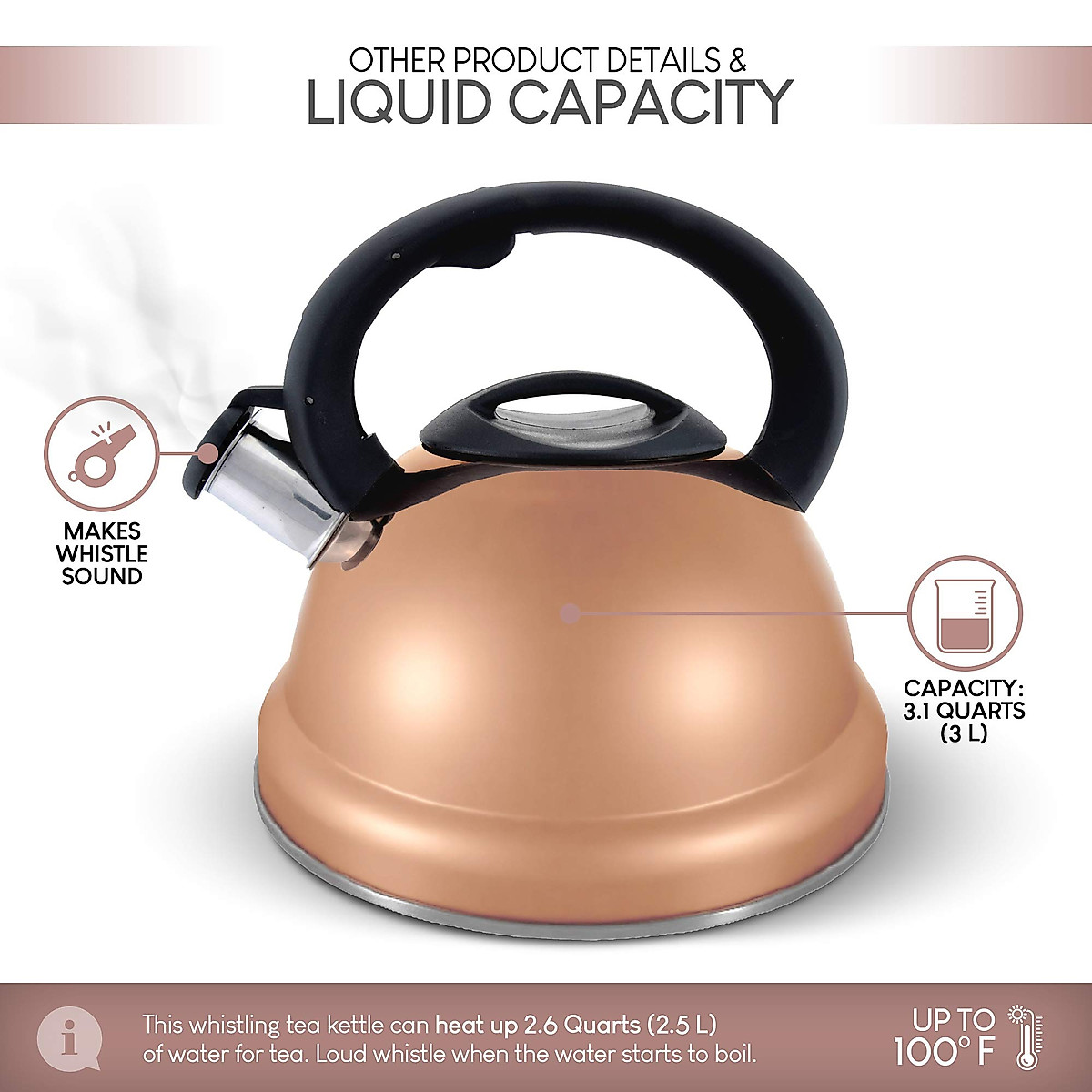 ELITRA HOME Whistling Tea Kettle Stainless Steel Tea Pot for Stovetop with Stay Cool Handle 3.1 Quart / 3 Liter Rose Gold