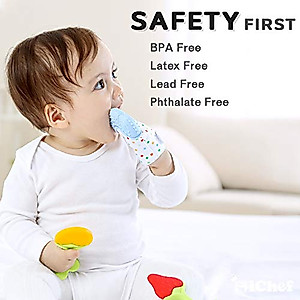 Teething Mittens for Baby (2 Pack) with Baby Teething Toys (3 Pack), Self Soothing Pain Relief Mitt, Silicone Baby Teethers, BPA-Free, Natural Organic Freezer Safe for Infants and Toddlers