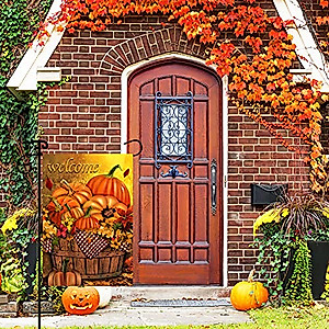 Fall Welcome Thanksgiving Pumpkin Small Garden Flag for Outside 12x18 Inch Vertical Double Sided Leaves Flowers Autumn Burlap Yard Decoration