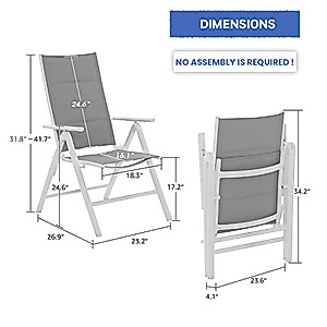 Soleil Jardin Folding Patio Chairs Set of 4, Aluminum Portable Reclining Lawn Chairs with Adjustable High Backrest & Soft Padding, Outdoor Dining Chairs for Porch Pool Yard, No Assembly, White & Gray