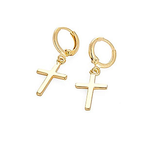 Mens Cross Earrings 24k Yellow Gold Plated Hoop with Snap Closure