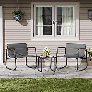 Amopatio Outdoor Table and Chair Set 3 Piece, Patio Rocking Chairs, Breathable Textilene Fabric Patio Furniture Set for Porch, Poolside, Deck, Outdoor Terrace, Balcony, Garden, Dark Grey