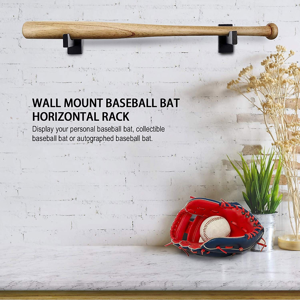 TOBWOLF 2PCS Baseball Bat Display Case, Baseball Bat Hanger Holder, Wall Mount Baseball Bat Horizontal Rack, Baseball Bat Bracket - Black