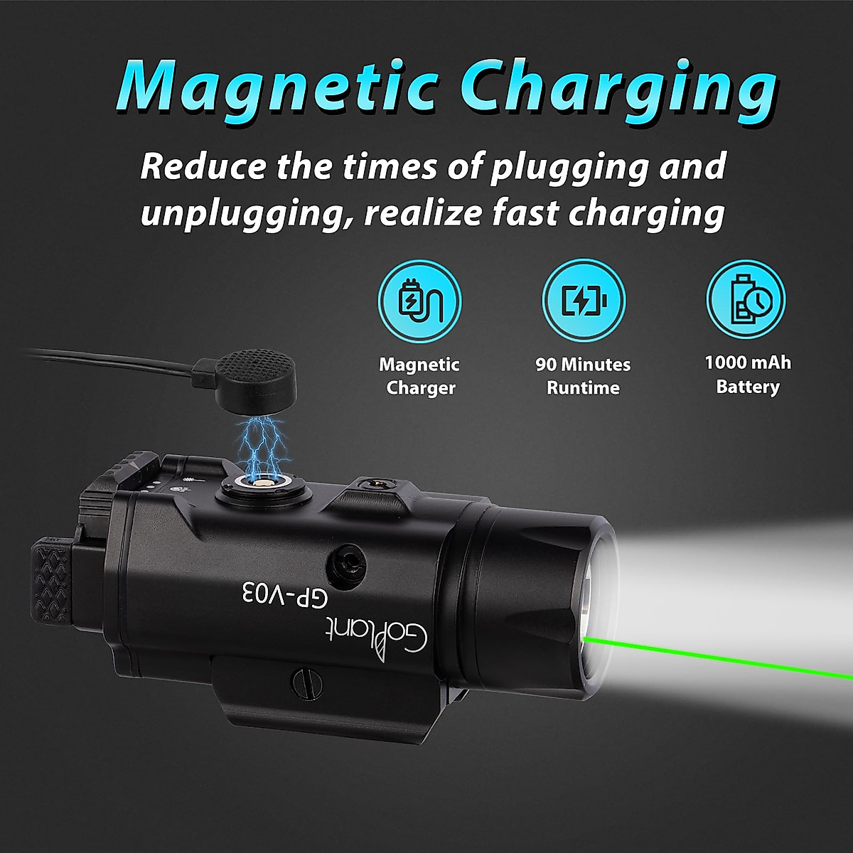 GOPLANT 1500 Lumens Weapon Laser Light Combo - Adjustable Rail LED Light and Green Laser Flashlight, Magnetic Rechargeable Strobe Sub-Compact Tactical Light for Picatinny or GL Rail