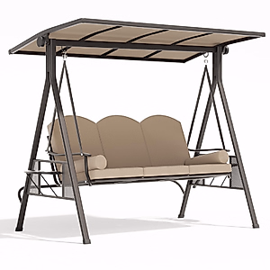 EBE Outdoor Porch Swing with Polycarbonate Hardtop, 3 Seat Patio Swing Chair with 2 Side Cup Holder, Convertible Backrest Swing Bed with Cushion, 2 Pillows for Front Porch Garden, Brown