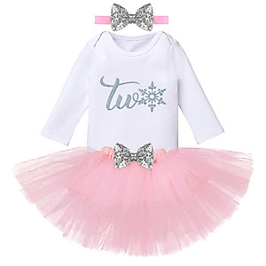 2nd Birthday Snowflake Outfit Toddler Baby Girl Cake Smash for Photo Shoot Romper Tutu Skirt Headband Christmas Themed Second Winter Onederland 2nd Birthday Decorations Party Supplies Pink Silver Two