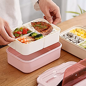 BIUWING Bento Lunch Box for adults 1400ml With Utensils, Insulated Lunch Bag Suitable for dining out 3-grid leak proof lunch box (Pink)