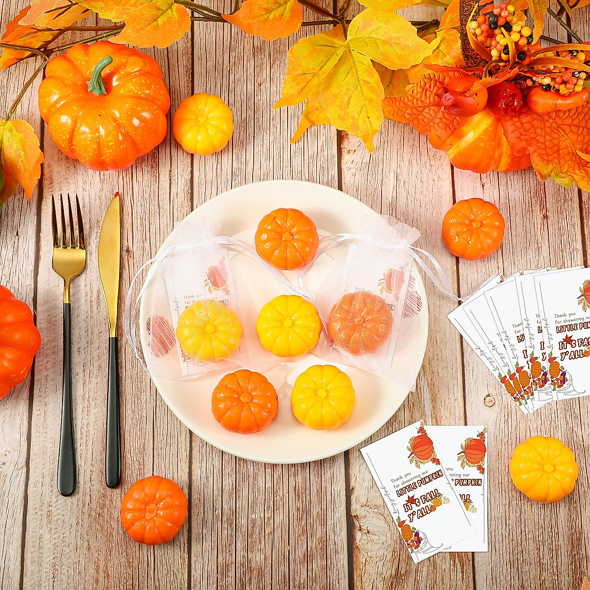 Liliful 100 Sets Mini Pumpkin Baby Shower Favors Included Pumpkin Soap Thanks Cards Drawstring Gift Bags for Fall Bridal Shower Wedding Autumn Thanksgiving Day Party Decorations Gifts