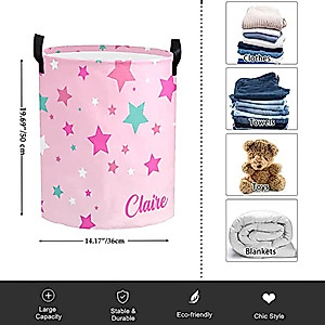 Personalized Laundry Basket Hamper,Star Pink Background,Collapsible Storage Baskets with Handles for Kids Room,Clothes, Nursery Decor