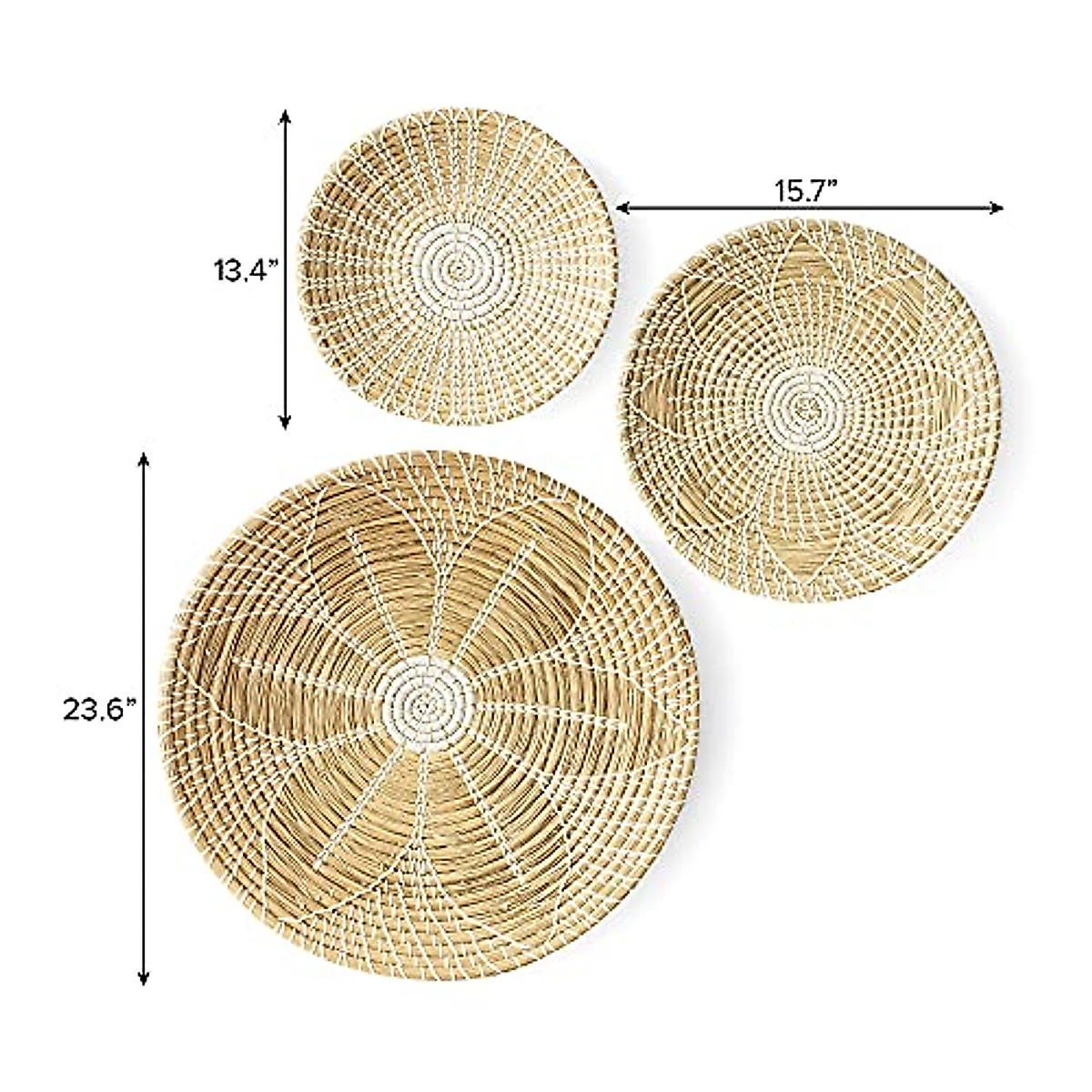 Artera Home Wicker Wall Basket Decor - Set of 3 Oversized, Hanging Natural Woven Seagrass Flat Baskets, Round Boho Wall Basket Decor for Living Room or Bedroom, Unique Wall Art