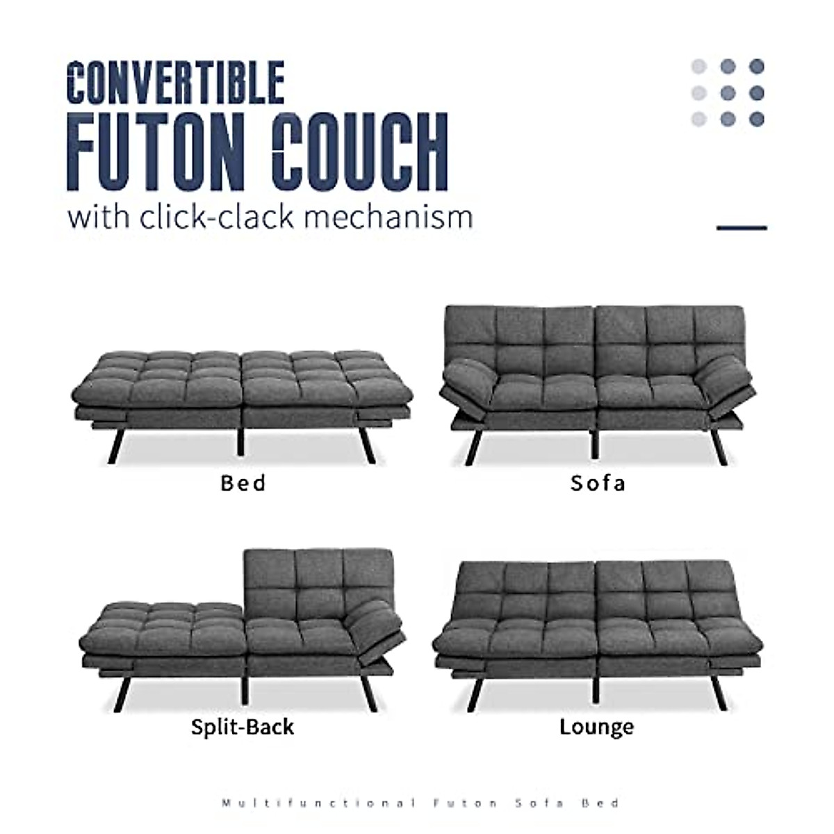 IULULU Sofa Bed, Modern Convertible Futon Sleeper Couch Daybed with Adjustable Armrests for Studio, Apartment, Office, Small Space, Compact Living Room, Grey