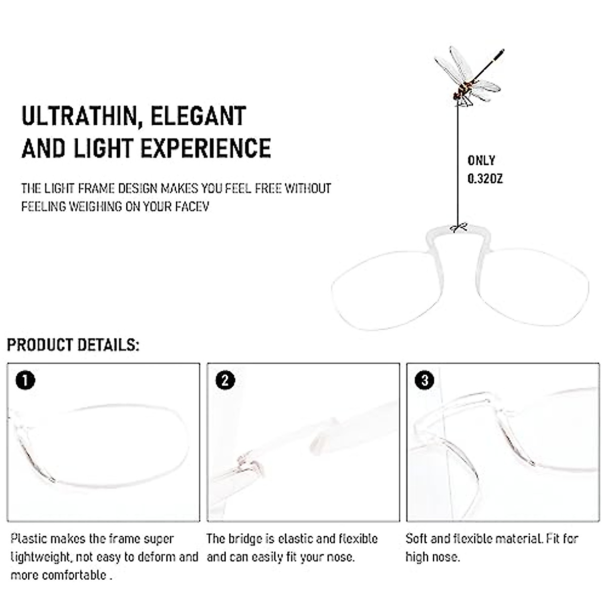 DXYXYO Armless Thin Reading Glasses for Men and Women Mini Lightweight Legless Clip on Nose Readers 3 Pack, 2.0