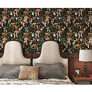 MILEPER Mushroom Wallpaper Peel and Stick Wallpaper Boho Black Wallpaper 17.7" x 78.8" Self Adhesive Removable Wallpaper Leaf Forest Wallpaper Mushroom Contact Paper for Countertops Decor
