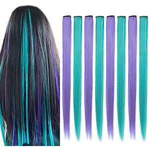 SARARHY Colored Hair Extensions Clip in 21 inch Straight Synthetic Hair Accessories Party Highlights Colorful Hairpieces for Kids Women Girls Wig Pieces 16 Pcs (Teal Lavender)