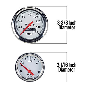 5-Gauge Set Complete Kit: 3-3/8" Mechanical Speedometer, 2-1/16" Component Gauges with White Face, Red Pointer & Chrome Bezel, Includes Tubing, Adapters, Fuel Level Sender