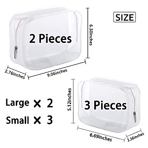 5 Pack Clear Plastic Zippered Toiletry Carry Pouch TSA Approved Toiletry Bag Portable Cosmetic Makeup Bag for Vacation, Bathroom and Organizing (White, Small/Large)