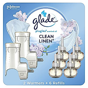 Glade PlugIns Refills Air Freshener Starter Kit, Scented and Essential Oils for Home and Bathroom, Clean Linen, 4.02 Fl Oz, 2 Warmers + 6 Refills