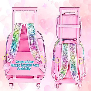 CCJPX 3PCS Kids Rolling Backpack for Girls, Unicorn Roller Wheeled Bookbag Toddler Elementary School Bag with Wheels Pink