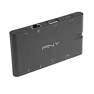 PNY 9 in 1 Mini Portable USB-C Power Hub with Integrated USB-C Cable for USB-C Compatible Devices with 2xUSB-C Ports, 2xUSB-A 3.1 Ports, 1xHDMI Port, 1xVGA Port, SD/microSD Slots, PNY Mini USB-C Hub