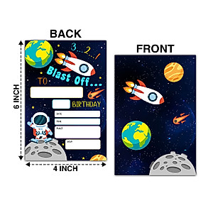 Buildinest Outer Space Birthday Party Invitations with Envelopes (20-Pack), 4"x6" Planets Rocket Ship Astronaut Birthday Invitation Cards, Galaxy Blast Off Party Invites-B15