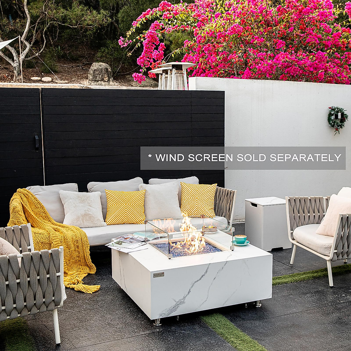 ELEMENTI Outdoor Fire Table Natural Gas 60,000 BTUs Firepit Patio Coffee Table, Backyard Fireplace Marble Porcelain Square Fire Pit, 17Inch-High,Bianco Series