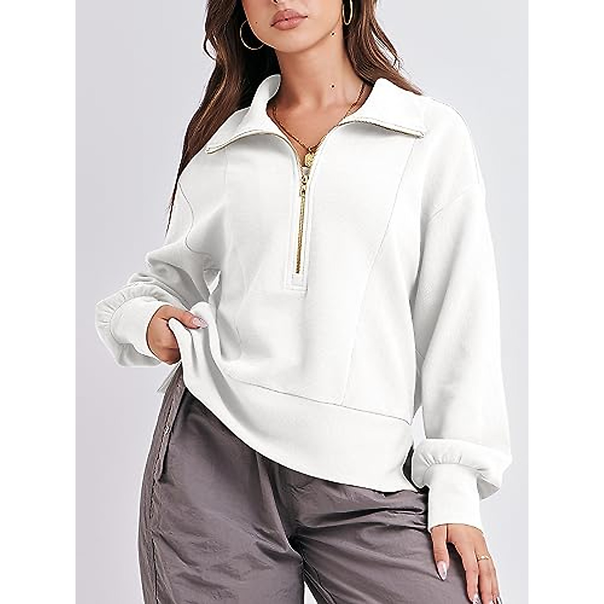 ANRABESS Women Sweatshirt Oversized Half Zip Hoodies Long Sleeve Cropped Fleece Comfy Quarter Zip Pullover Shirt Casual Ribbed Knit Sweater 2023 Fall Outfits Preppy Clothes Fashion Trendy 1050baise-S