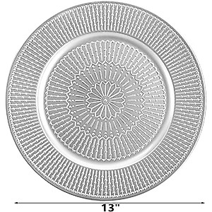 DEAYOU 12 Pack Round Charger Plate, 13-inch Silver Beaded Chargers for Dinner Plates, Plastic Reusable Charger Plate, Decorative Charger Platters for Wedding, Table Setting, Party, Event, Holiday