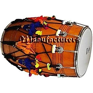 SAI TRADERS PUNJABI BHANGRA DHOL DRUM~MANGO WOOD~WITH DECORATION PART~HAND MADE INDIAN