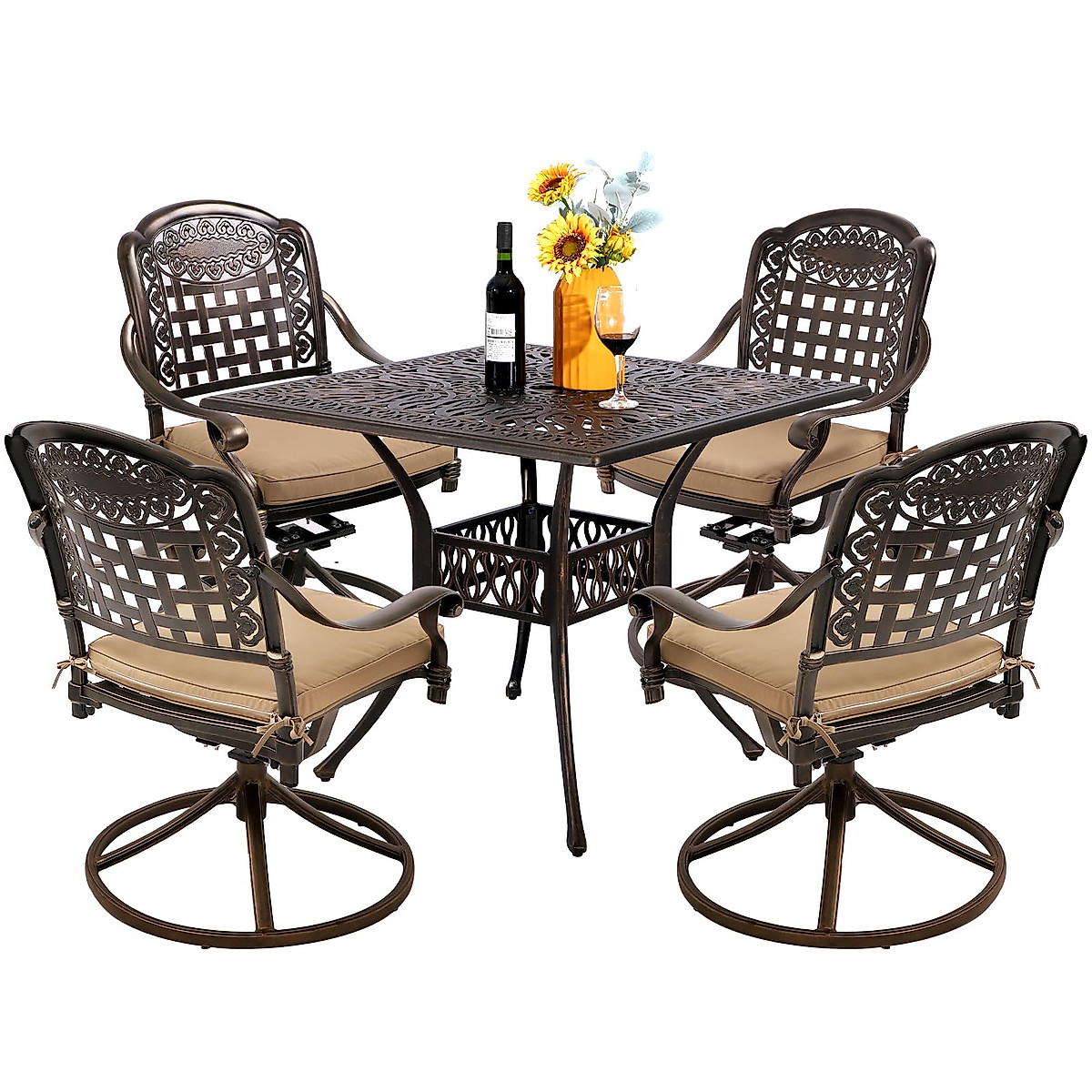 USSerenaY 5-Piece Outdoor Dining Set Cast Aluminum Patio Furniture Set All-Weather 4 Chairs and Dining Table with Umbrella Hole for Garden, Backyard (Braided+Khaki Cushion, Square Table)
