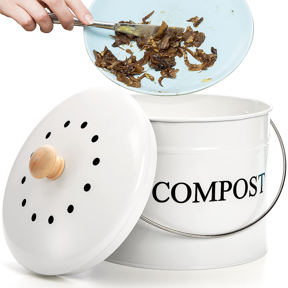 AVLA Compost Bin Kitchen Countertop, 1 Gallon Composter Pail, Food Waste Composting Bucket, Odorless Trash Keeper Container, White Scraps Caddy with Charcoal Filter, Carrying Handle, Lid
