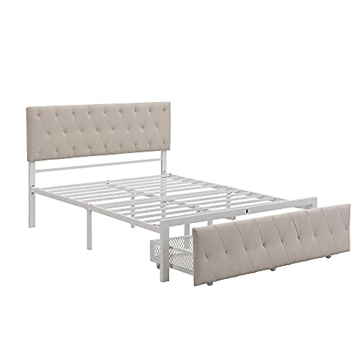 MERITLINE Full Size Metal Bed, Platform Bed Frame with Upholstered Headboard and Footboard, Platform Bed with Drawer Storage No Box Spring Needed ( Beige)